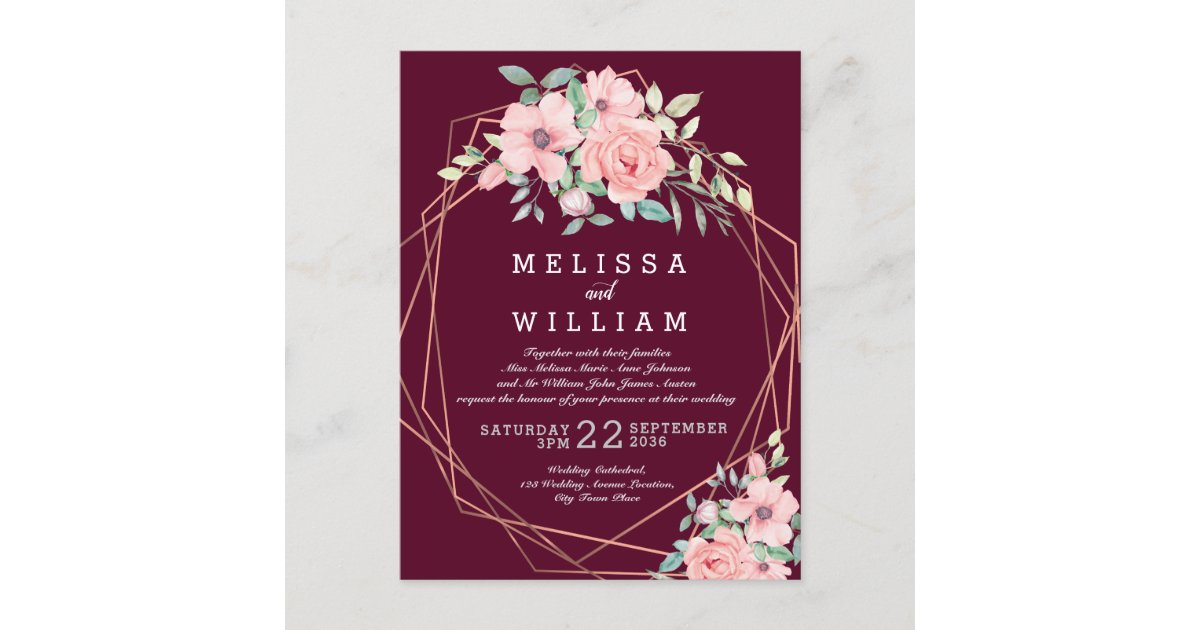 Marsala Geometric Copper Floral Wedding Invitation Postcard | Zazzle