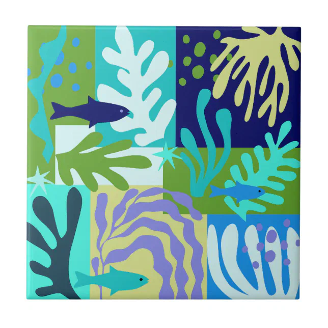 Matisse Inspired Ocean Life Paper Cutouts Aqua Tile | Zazzle