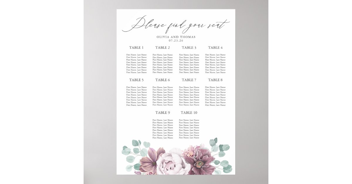 Mauve Flowers and Eucalyptus Wedding Seating Chart | Zazzle