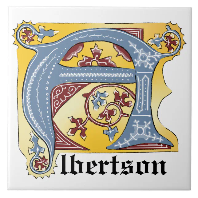 Mediaeval Blue and Red Ivy Illuminated Letter A Tile | Zazzle