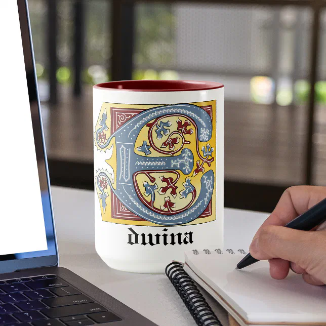 Mediaeval Blue and Red Ivy Illuminated Letter E Mug | Zazzle