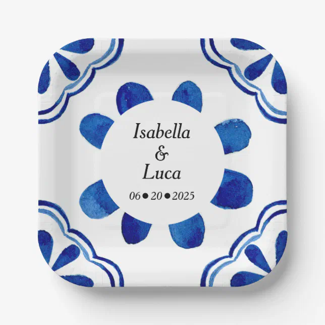 Mediterranean Blue Floral Tile Watercolor Painted Paper Plate | Zazzle
