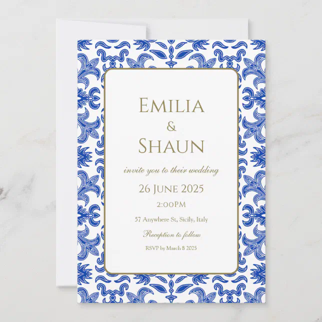 Mediterranean Italian Pattern Blue and White Invitation | Zazzle