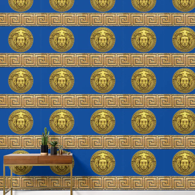 Medusa and Greek Key Gold on BLUE Designer Wallpaper | Zazzle