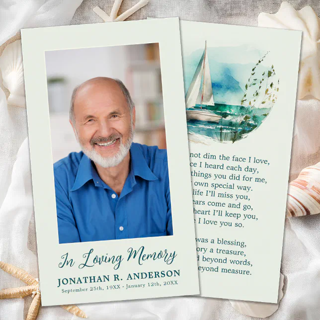 Memorial Photo Ocean Sail Boat Funeral Prayer Card | Zazzle