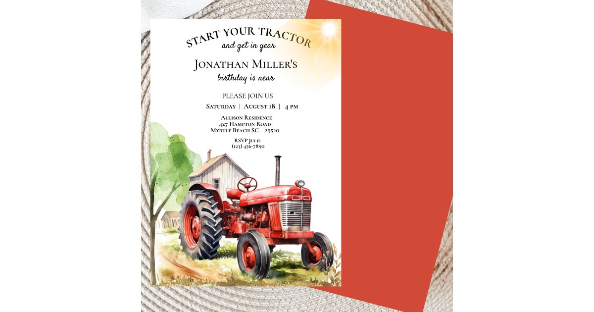 Men's Vintage Farm Red Tractor Birthday Party Invitation | Zazzle