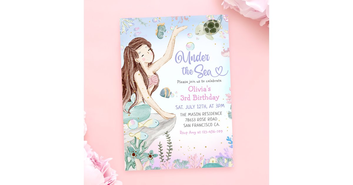 Mermaid 3rd Birthday Under The Sea Party Invitation | Zazzle