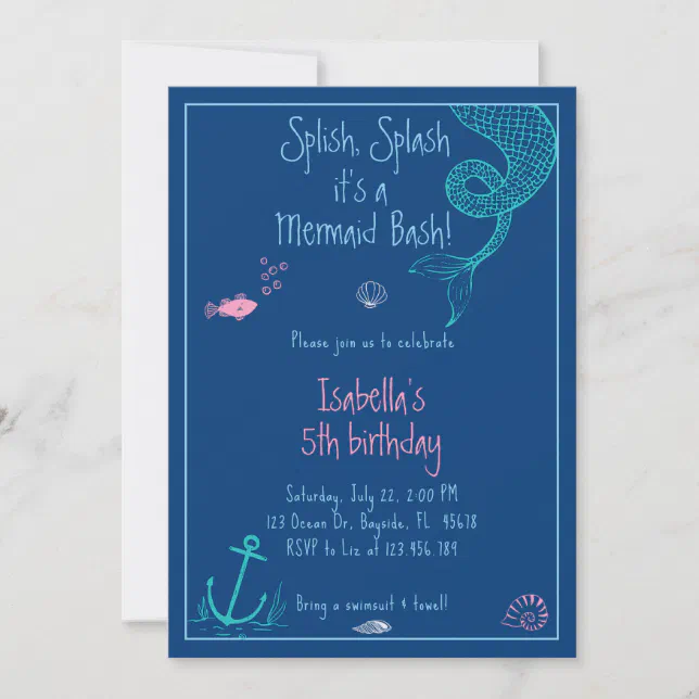 Mermaid Bash Splish Splash Pool Party Birthday Invitation | Zazzle