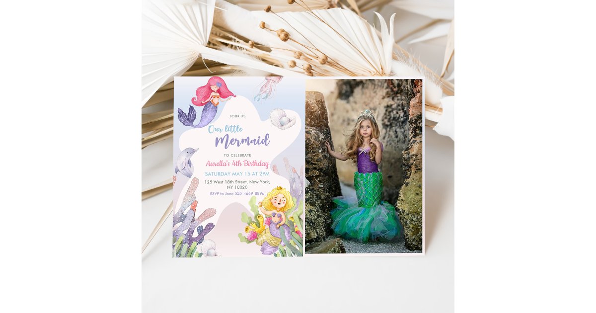 Mermaid Our Little Mermaid 4th Birthday Photo Invitation | Zazzle