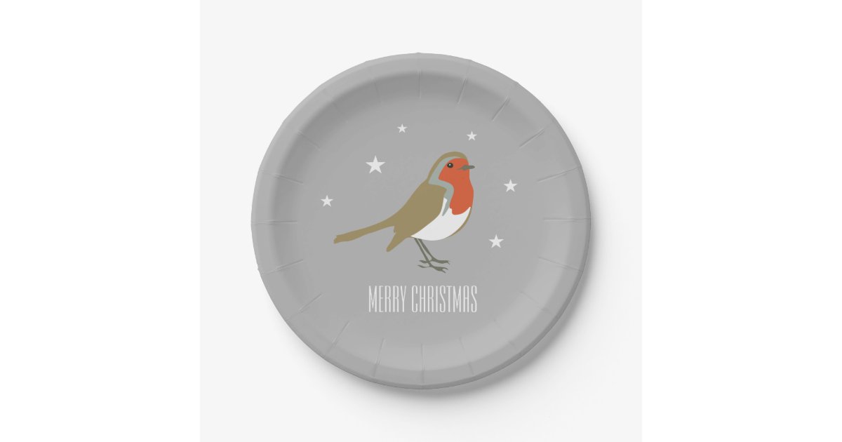 Merry Christmas Grey Robin Bird Paper Party Plates | Zazzle
