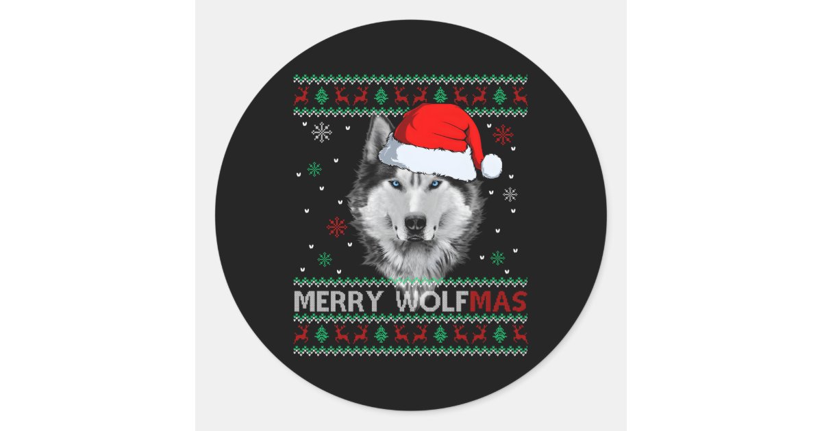 Merry Wolfmas Merry Wolf Ugly Classic Round Sticker | Zazzle