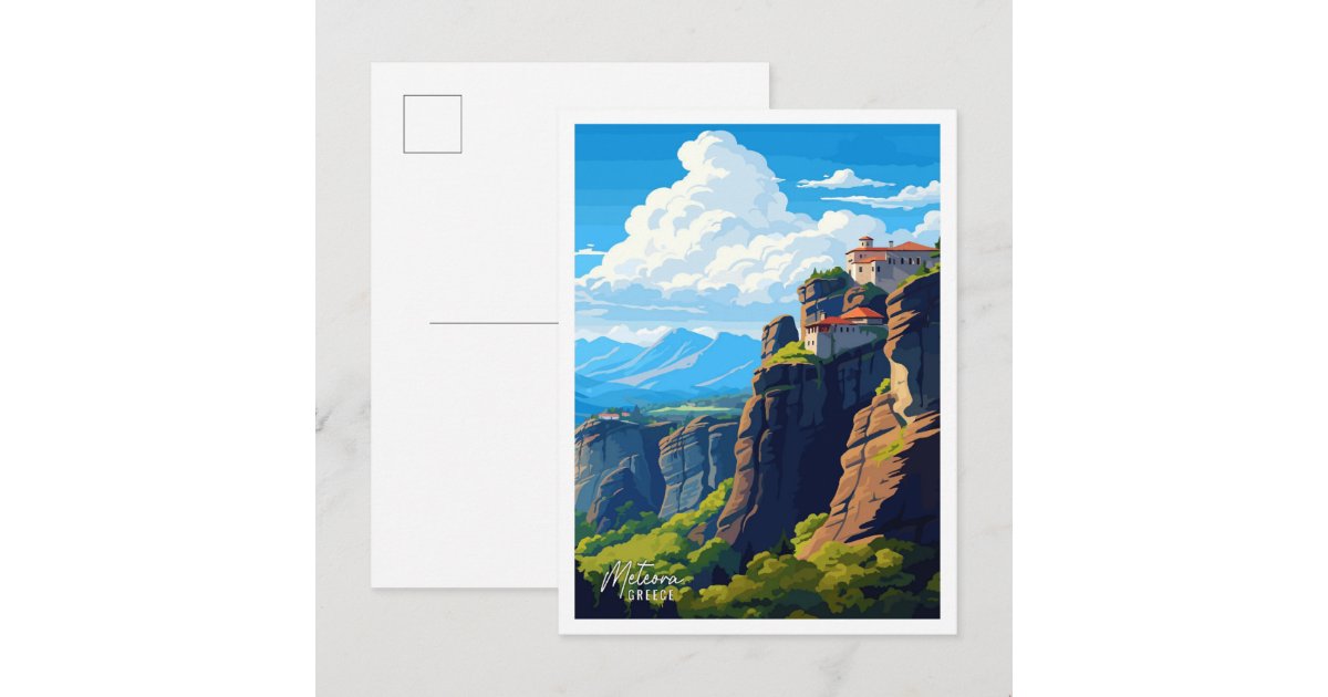 Meteora Greece vintage travel illustration Postcard | Zazzle