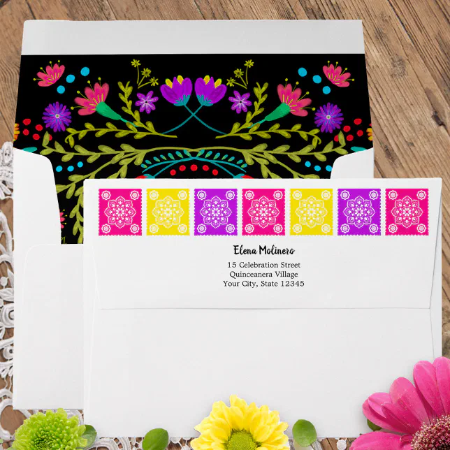 Mexican Papel Picado Fiesta Flowers Return Address Envelope | Zazzle