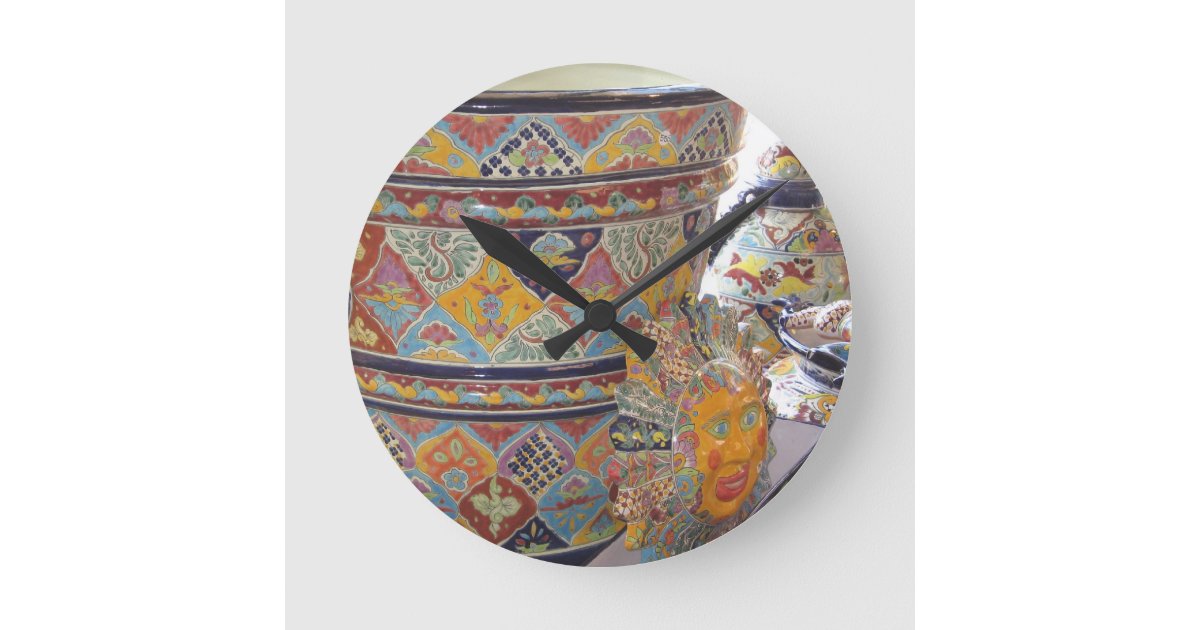 Mexican Talavera style pottery Round Clock | Zazzle