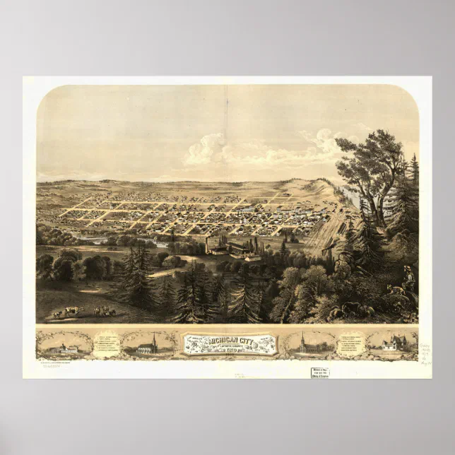 Michigan City Indiana 1869 Antique Panoramic Map Poster | Zazzle