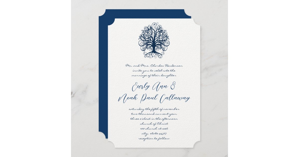 Midnight Blue Opulence Swirl Tree Wedding Invitation | Zazzle