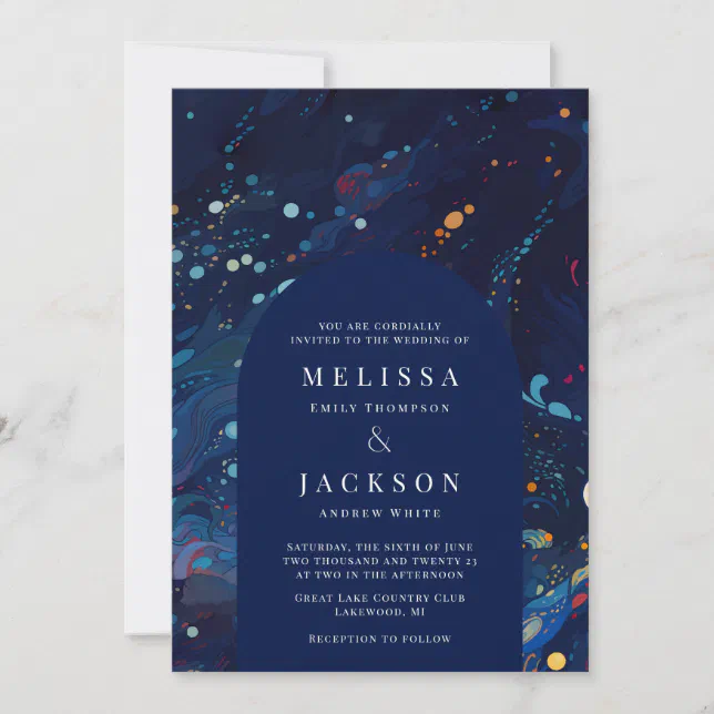 Midnight Navy Blue Swirls Wedding Arch Invitation | Zazzle