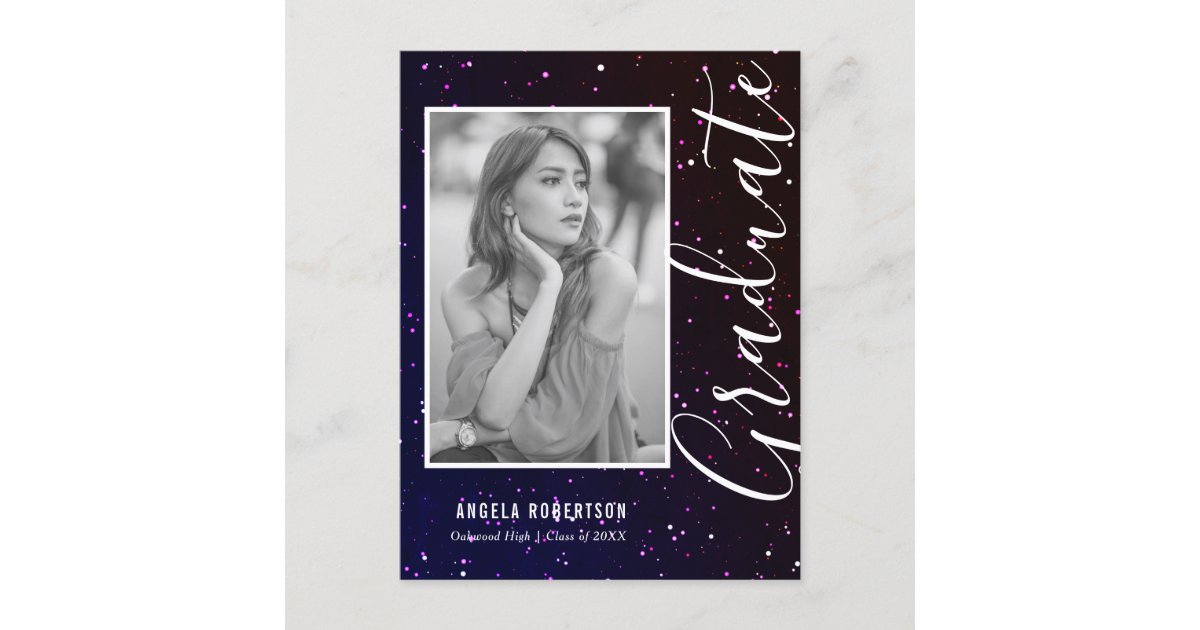 Midnight Space Glitter Photo Graduation Invitation Postcard | Zazzle