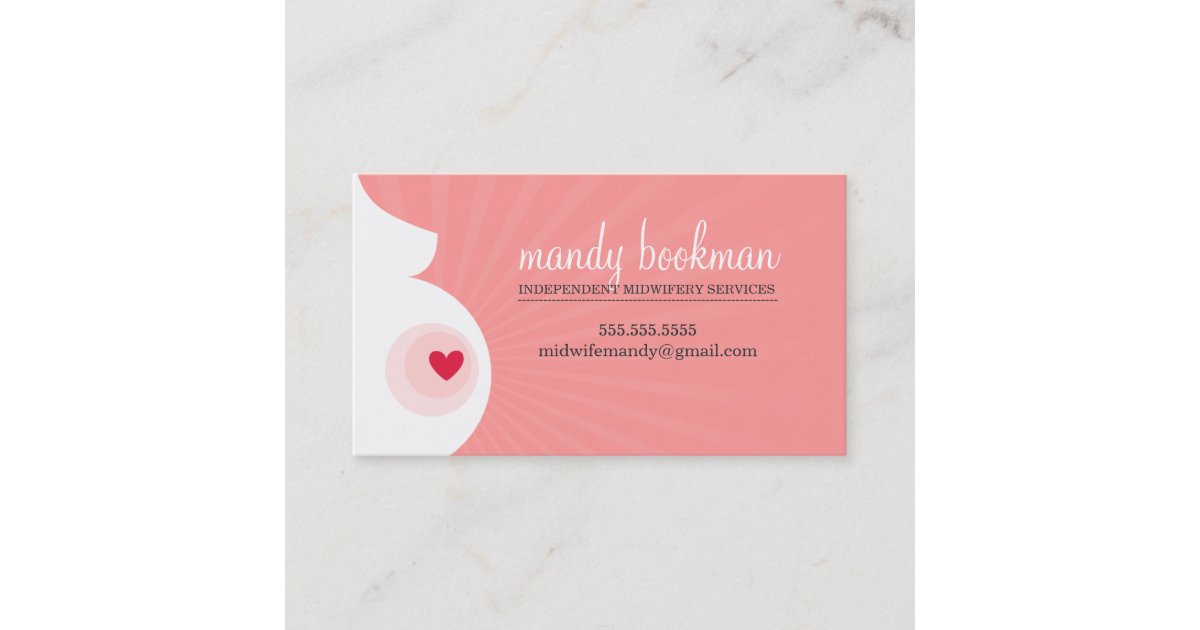 MIDWIFE pregnant belly silhouette coral pink Business Card | Zazzle