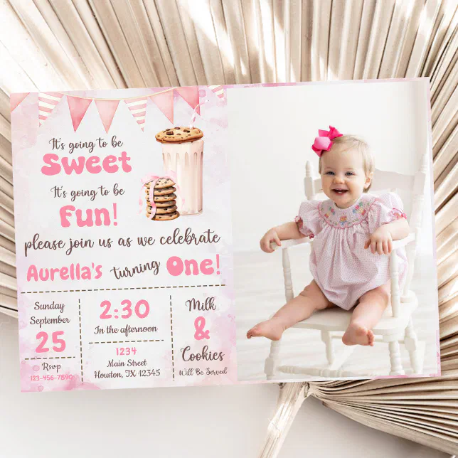 Milk And Cookies Girl First Birthday Party Photo Invitation | Zazzle