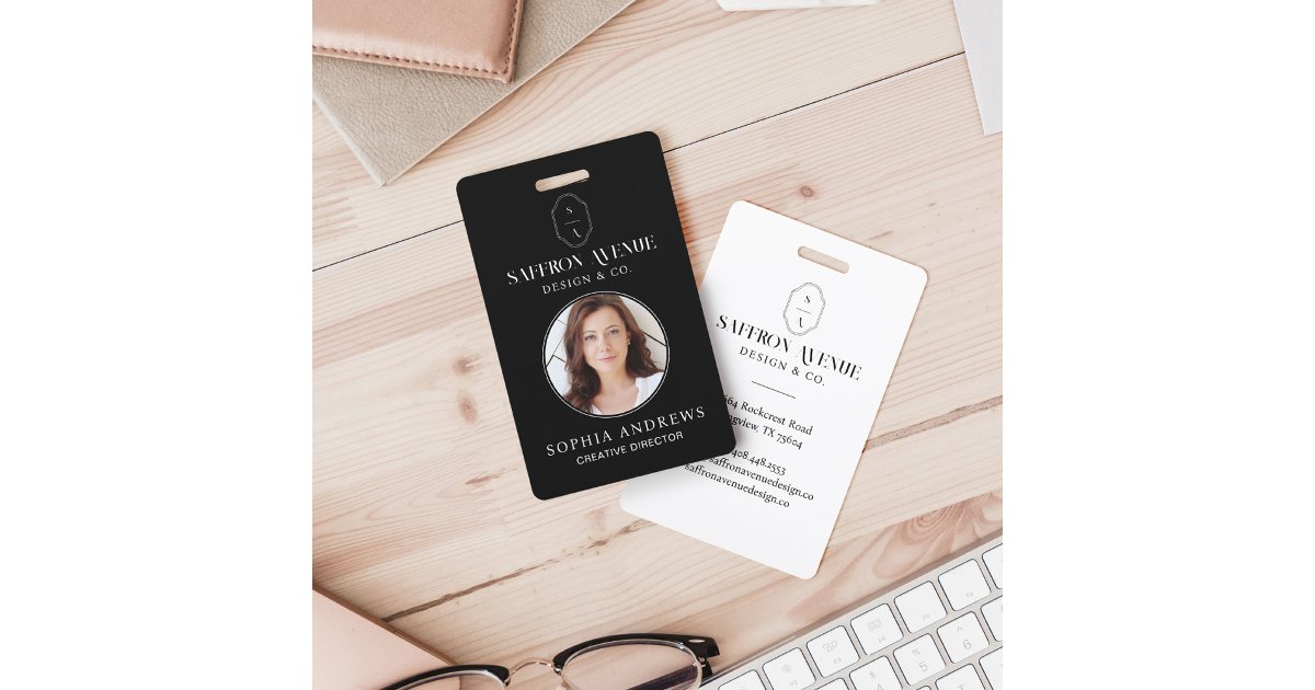 Minimal Black ID Custom Monogram Logo & Photo ID Badge | Zazzle
