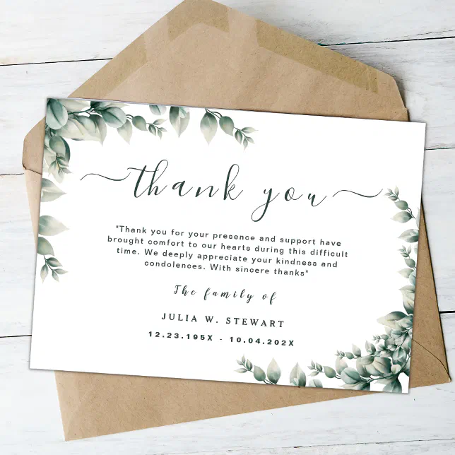 Minimal Eucalyptus Simple Funeral Thank You Note Card | Zazzle