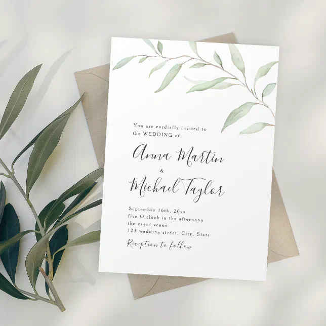 Minimal greenery calligraphy rustic wedding invitation | Zazzle