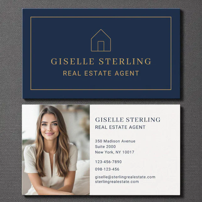 Minimal Real Estate Agent Navy Blue House Photo Business Card | Zazzle