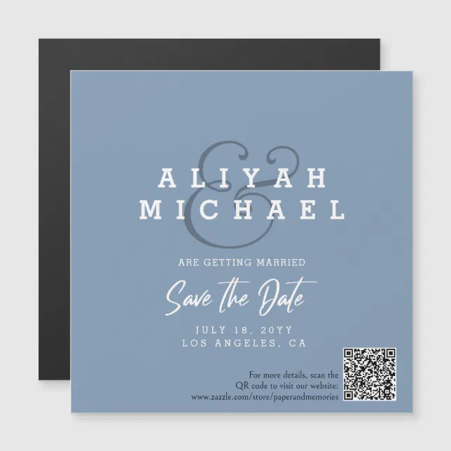 Minimal Save The Date QR Code Dusty Blue Wedding Magnetic Invitation ...