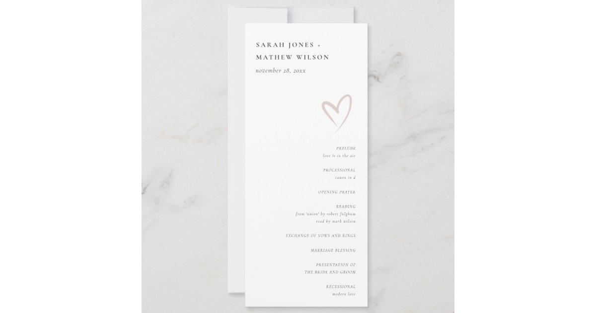 Minimal Simple Blush Pink Heart Wedding Program Invitation | Zazzle