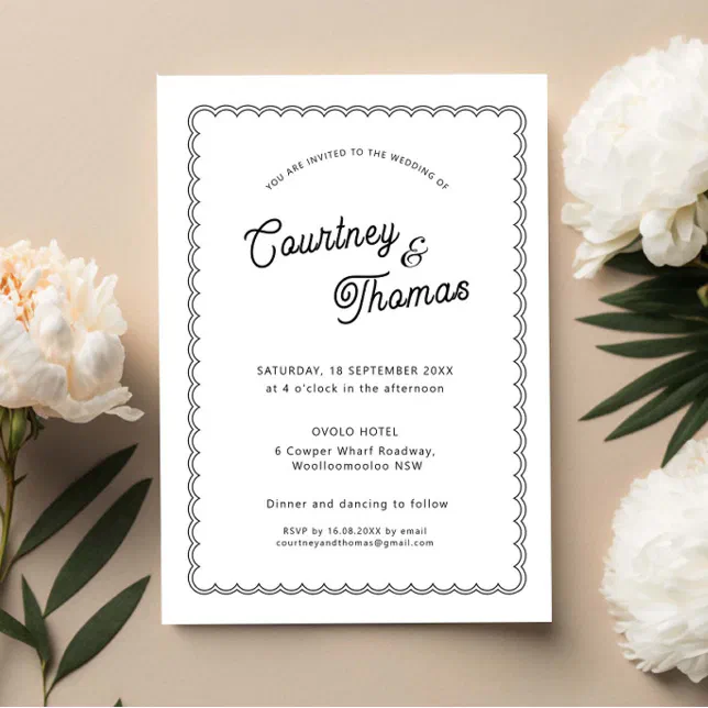 Minimalist and simple scalloped border with RSVP Invitation | Zazzle