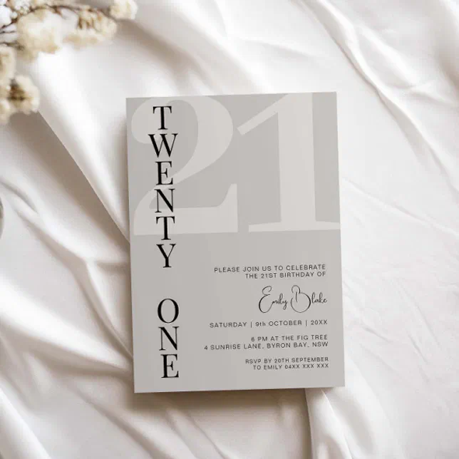 Minimalist Beige Twenty One 21st Birthday Party Invitation | Zazzle