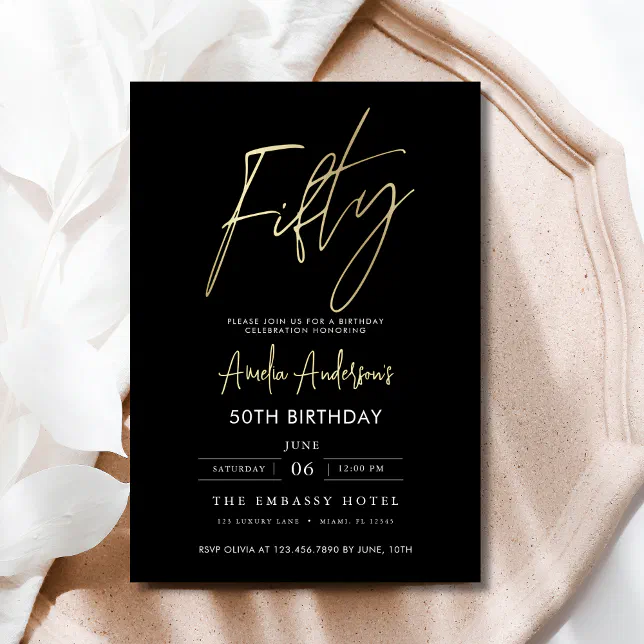 Minimalist Black and Gold Script 50th Birthday Invitation | Zazzle