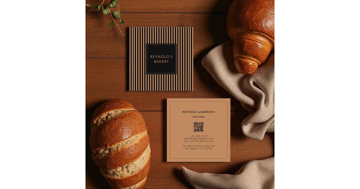 Minimalist Black Brown Stripes QR Code Bakery Square Business Card | Zazzle