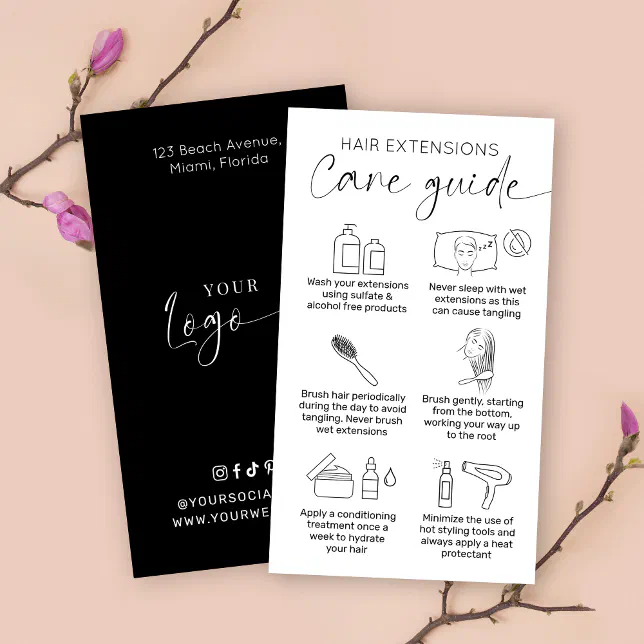 Minimalist Black & White Hair Extensions Aftercare Business Card | Zazzle