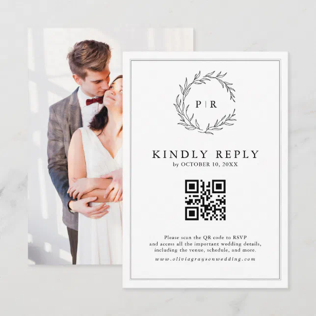Minimalist Black & White Leaf Modern QR Code Photo RSVP Card | Zazzle