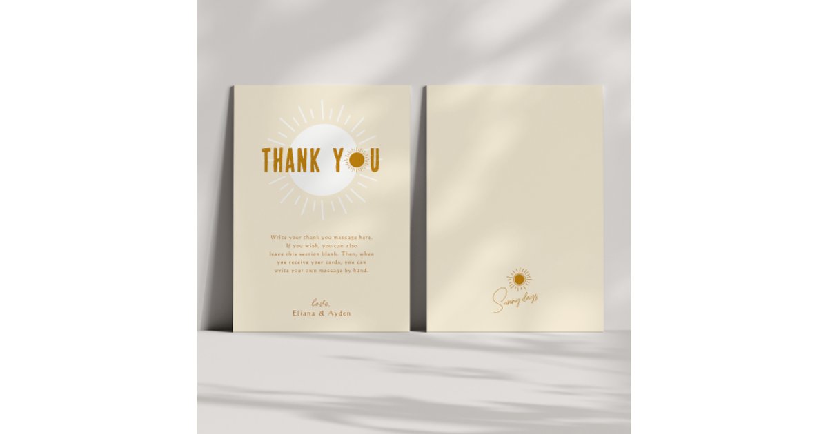 Minimalist Boho Sunshine Flat Vertical Baby Shower Thank You Card | Zazzle