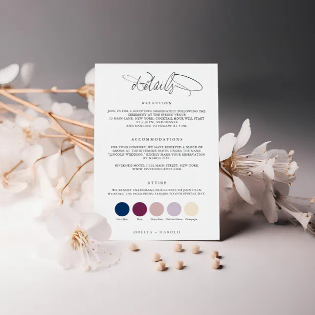 Minimalist Calligraphy Attire Wedding Details Card | Zazzle