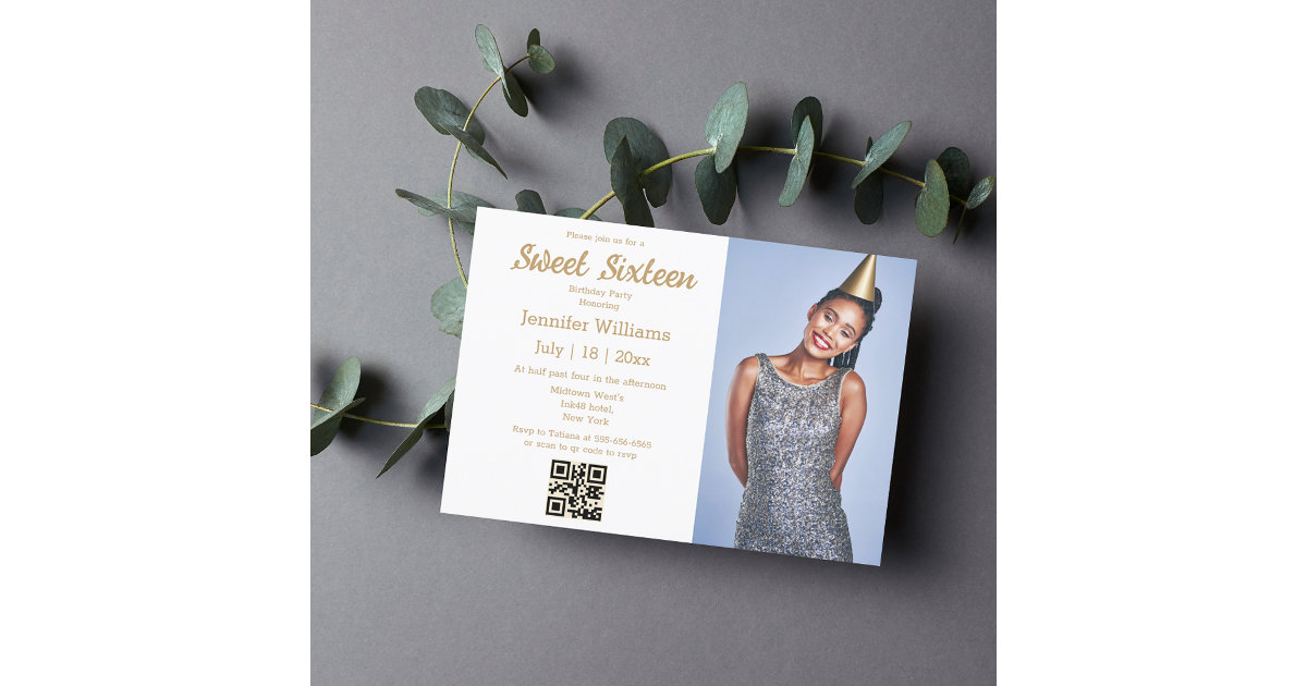 minimalist chic sweet sixteen qr code photo gold invitation | Zazzle