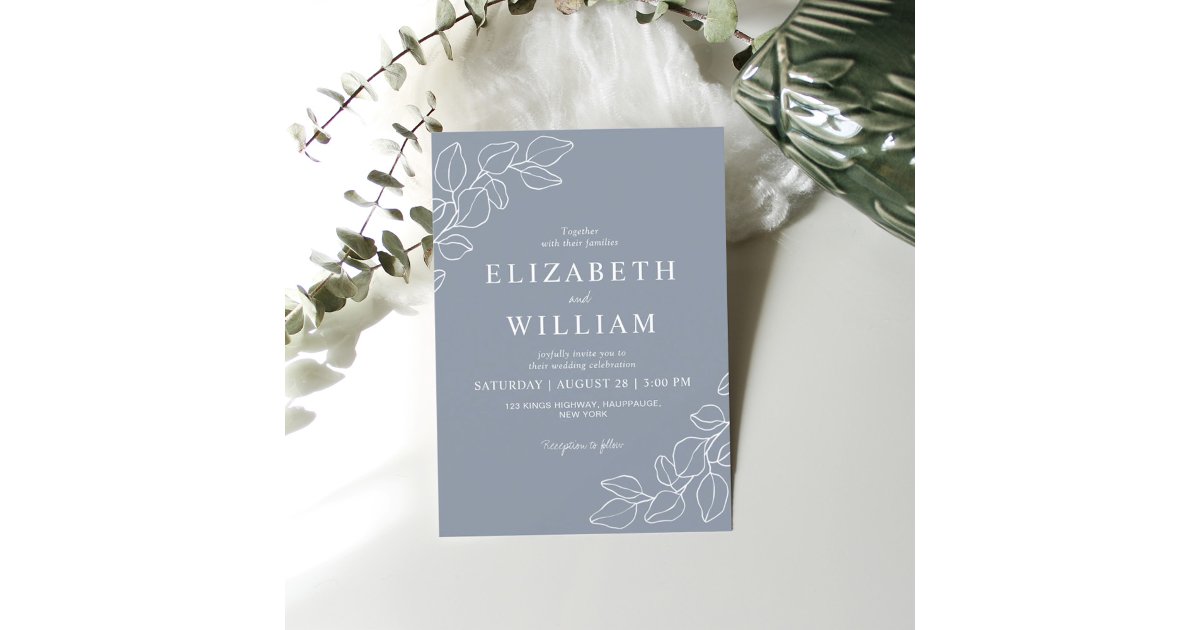 Minimalist Dusty Blue Line Art Botanical Wedding Invitation | Zazzle