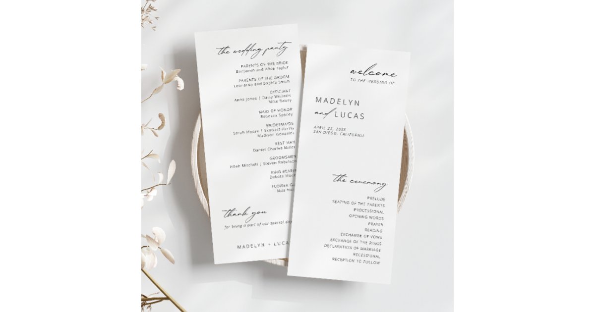 Minimalist Modern Black | White Wedding Program Menu | Zazzle