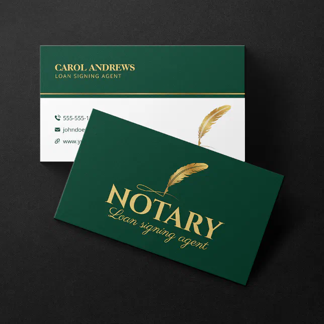 Minimalist Notary Loan Signing Agent Green Gold Business Card | Zazzle