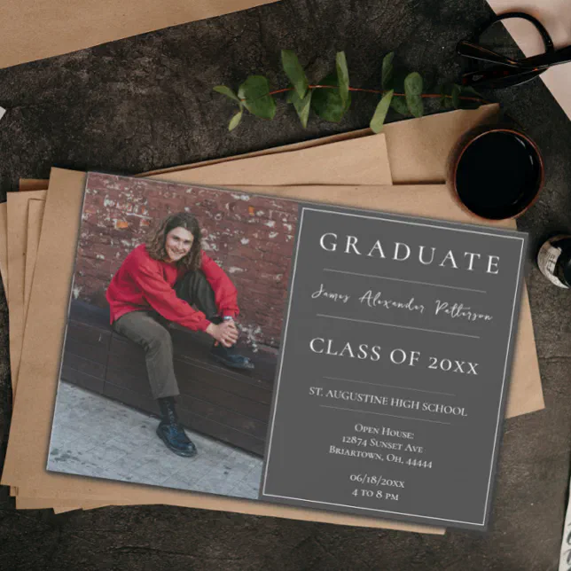 Minimalist Photo Graduation Open House | Grey Invitation | Zazzle