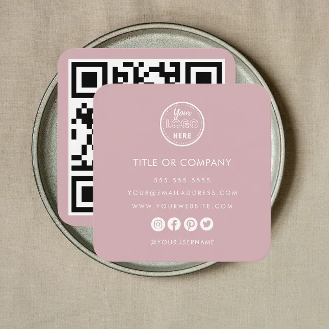 Minimalist Professional Logo Qr Code Dusty Rose Square Business Card ...