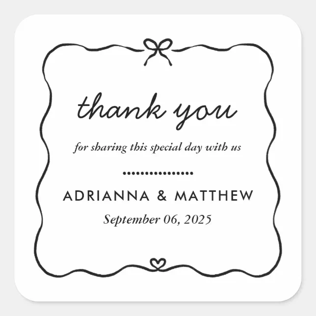 Minimalist Script Cute Bow Heart Frame Thank You Square Sticker | Zazzle