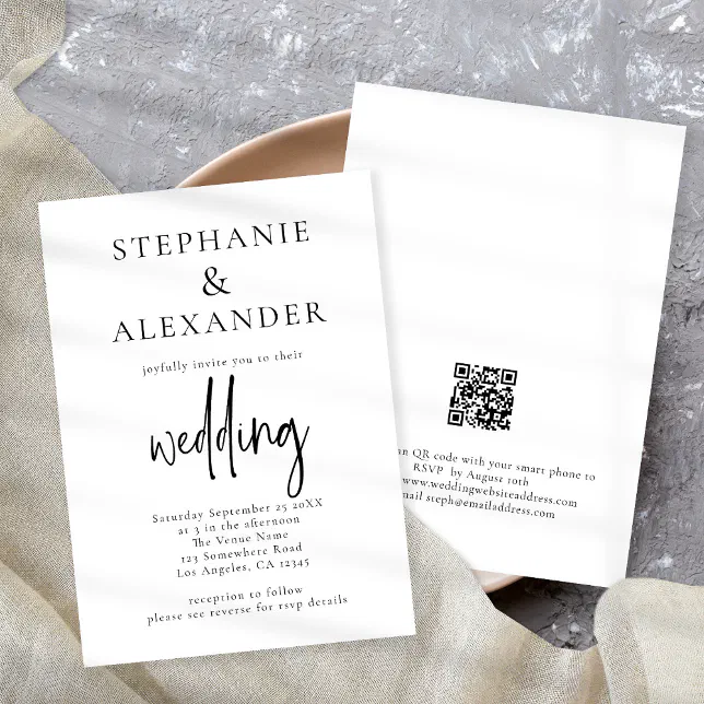Minimalist Script QR Code Wedding Any Colour Invitation | Zazzle