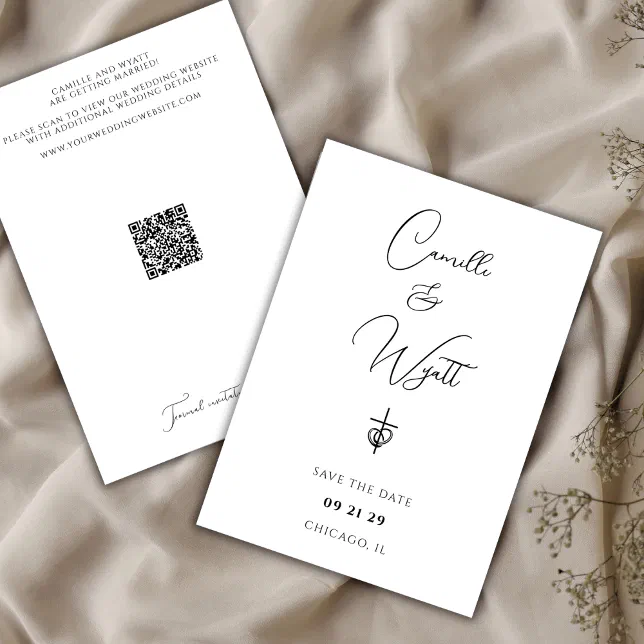 Minimalist Script Religious Cross Rings QR Code Invitation | Zazzle