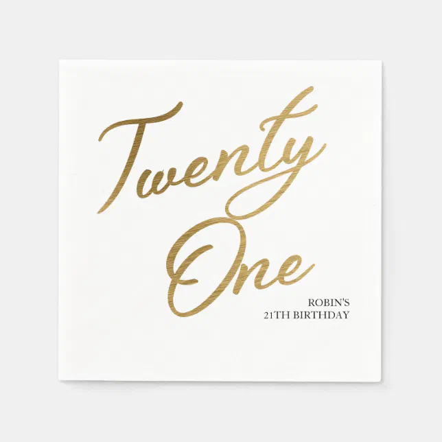 Minimalist Script white and Gold 21st Birthday Napkin | Zazzle