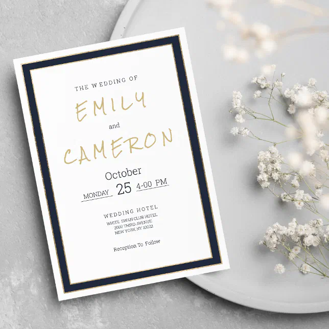 Minimalist white navy blue gold geometric Wedding Invitation | Zazzle