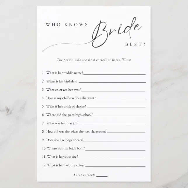 Minimalist Who Knows the Bride Best Shower Game | Zazzle